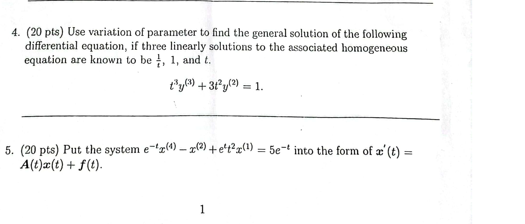 Solved (20 ﻿pts) ﻿Use variation of parameter to find the | Chegg.com