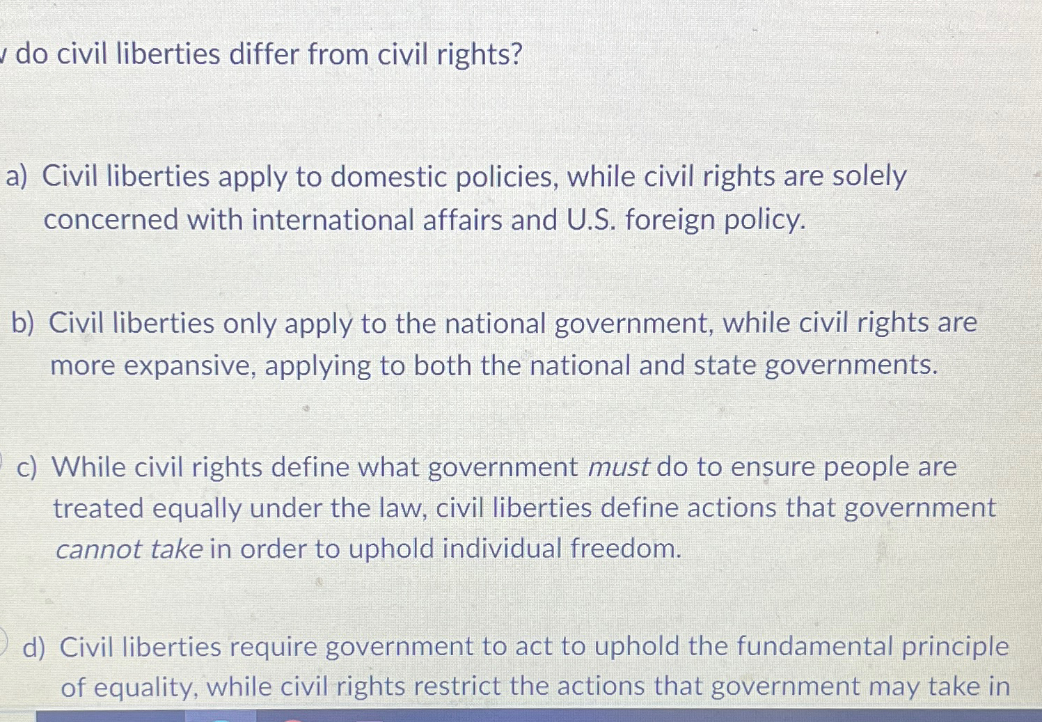 Solved do civil liberties differ from civil rights?a) ﻿Civil | Chegg.com