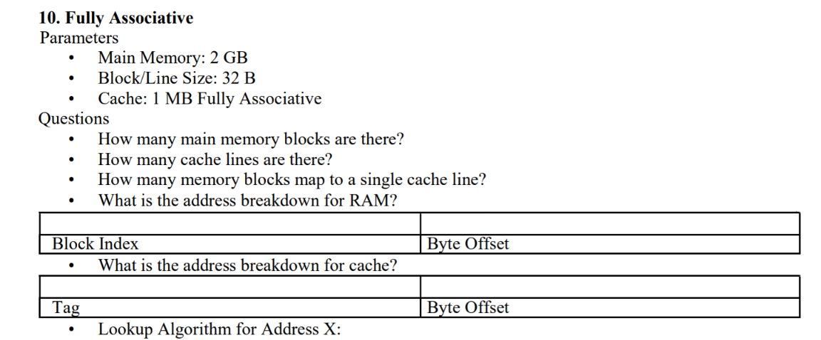 Solved 10. Fully Associative Parameters Main Memory: 2 GB | Chegg.com
