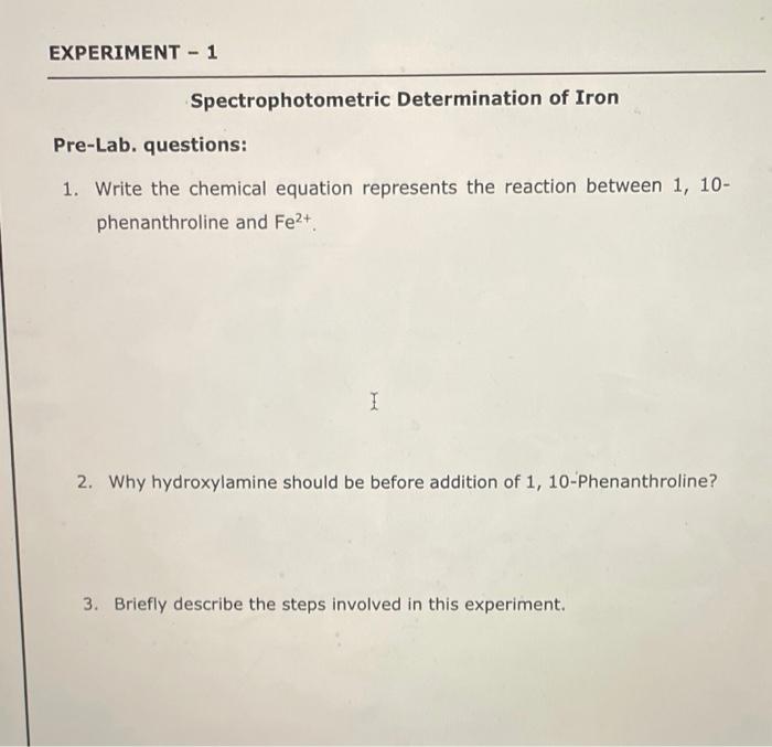 Solved Spectrophotometric Determination of Iron Pre-Lab. | Chegg.com