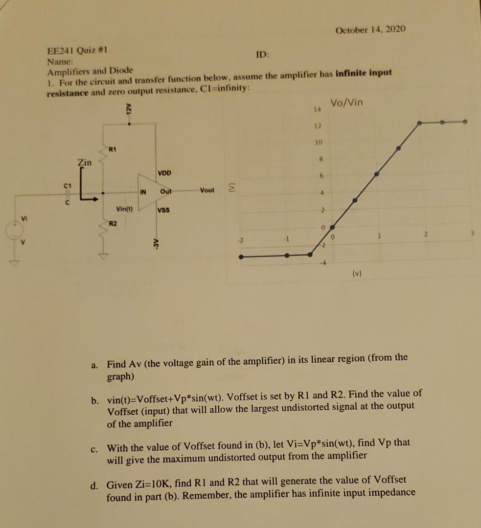 October 14, 2020 EE241 Quiz #1 Name: ID Amplifiers | Chegg.com