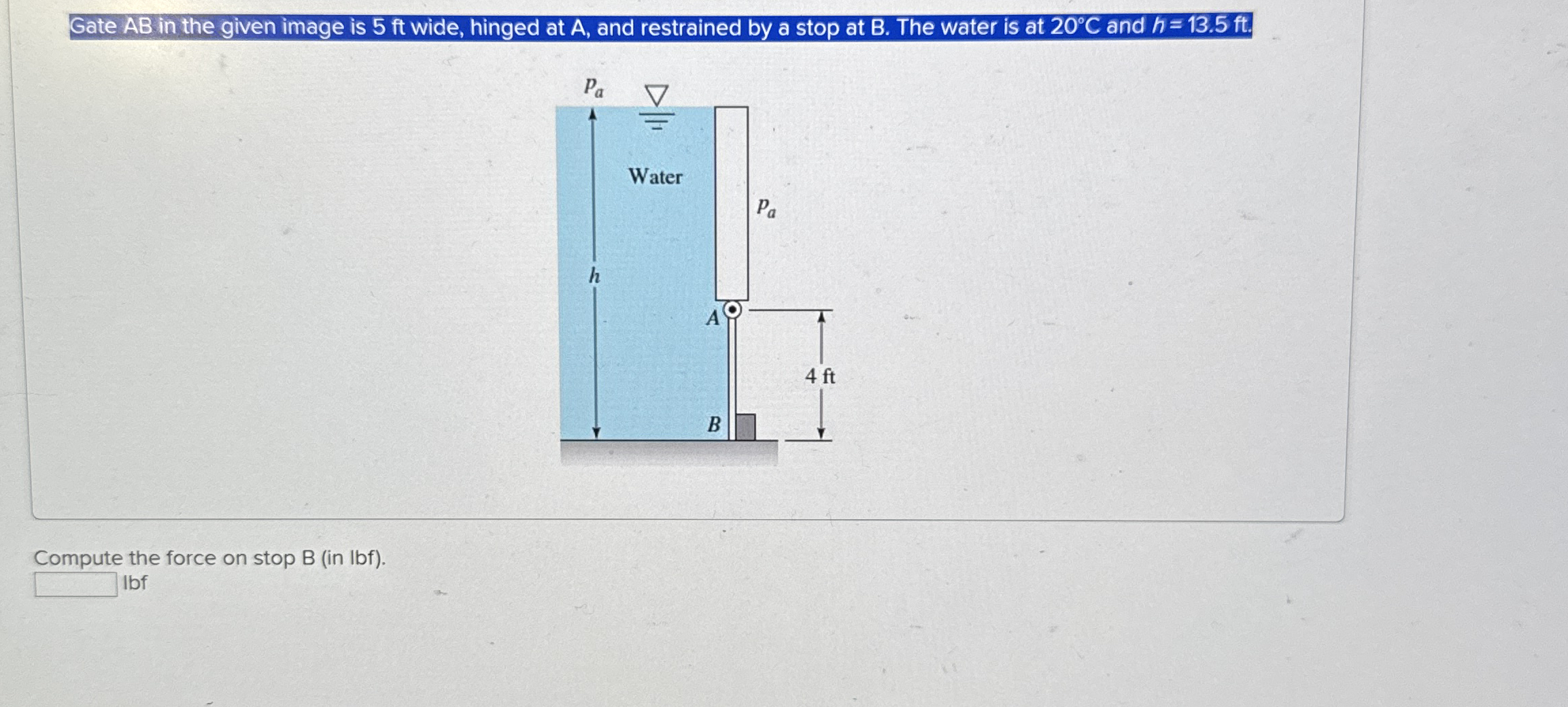 Solved Gate AB in the given image is 5 ﻿ft wide, hinged at A | Chegg.com