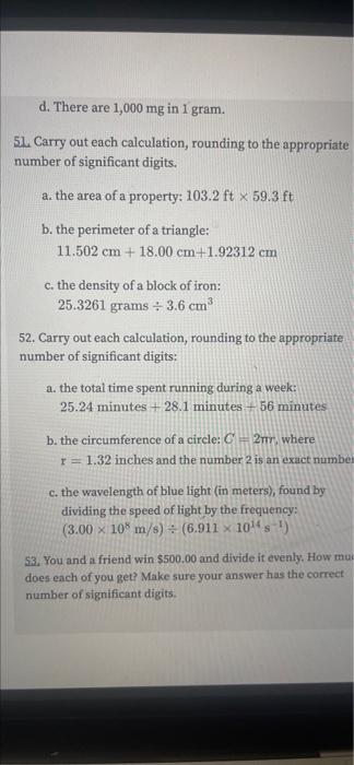 Solved d. There are 1,000 mg in 1 gram. 51. Carry out each | Chegg.com