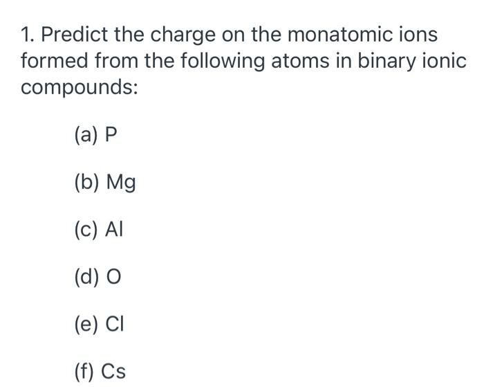 Solved 1. Predict the charge on the monatomic ions formed | Chegg.com