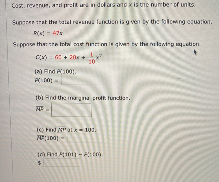 Solved Cost, revenue, and profit are in dollars and x is the | Chegg.com