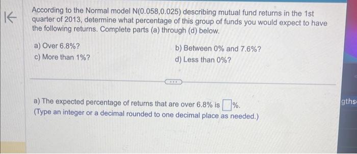 Solved According to the Normal model N(0.058,0.025) | Chegg.com