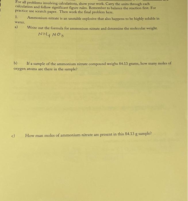 Solved For all problems involving calculations, show your | Chegg.com