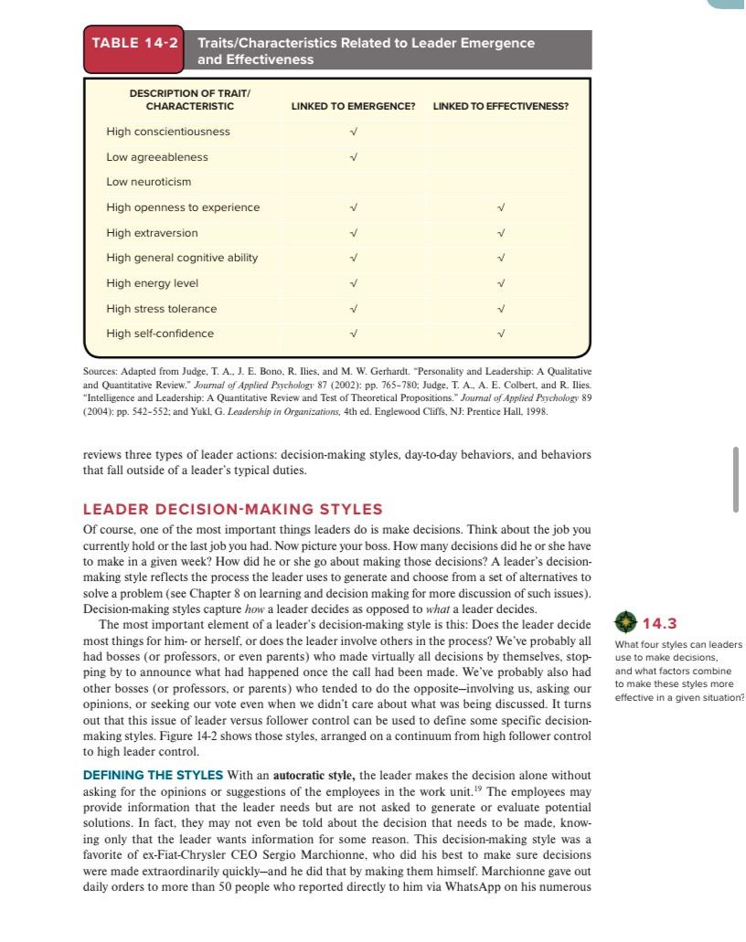 Solved TABLE 14-2 ﻿Traits/stics Related to Leader | Chegg.com