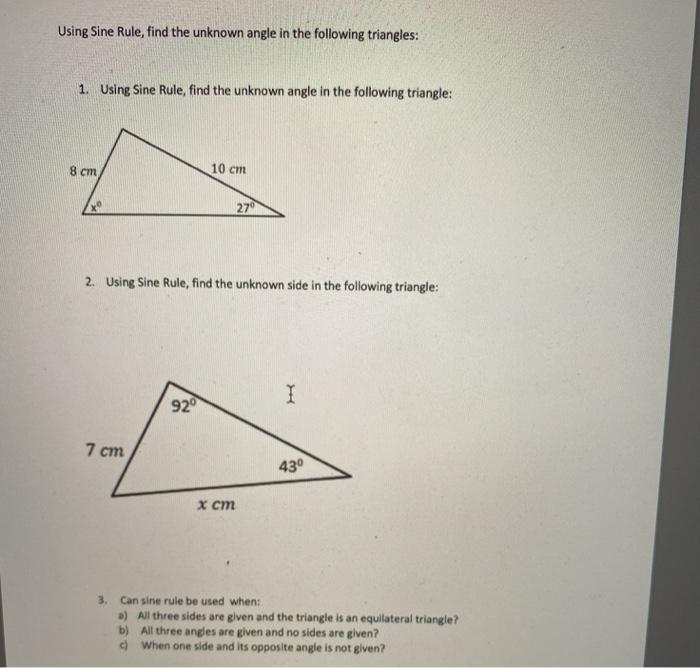 Solved Using Sine Rule, find the unknown angle in the | Chegg.com
