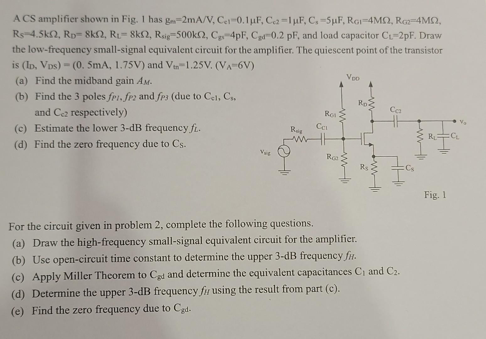 Solved A CS amplifier shown in Fig. 1 has gm-2mA/V, Cet=0.1 | Chegg.com