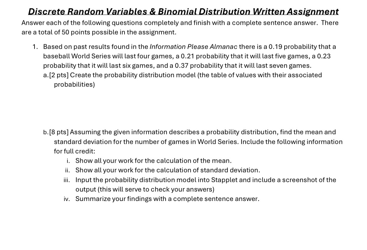 Solved Discrete Random Variables & Binomial Distribution | Chegg.com