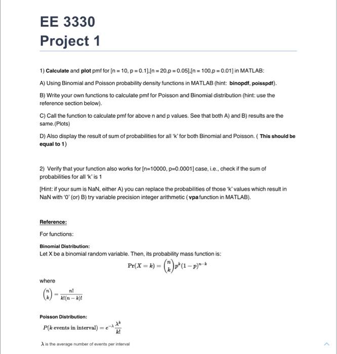 Solved EE 3330 Project 1 1) Calculate and plot pmf for (n = | Chegg.com