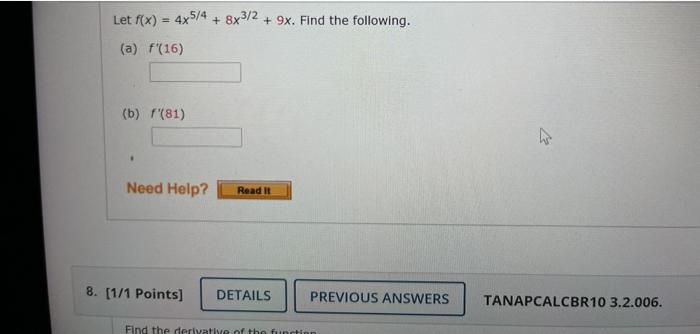 Solved Let f(x) = 4x5/4 + 8x3/2 + 9x. Find the following. | Chegg.com