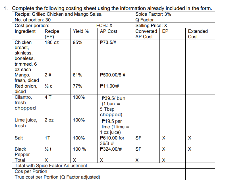 120 1. Complete the following costing sheet using the | Chegg.com