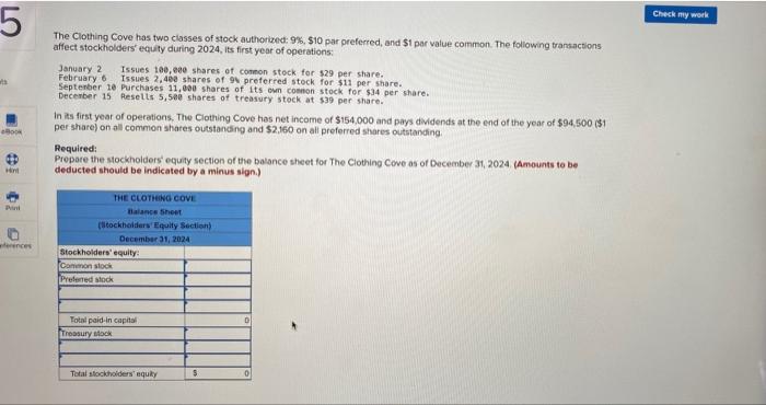 Solved Check my work 5 The Clothing Cove has two classes of | Chegg.com