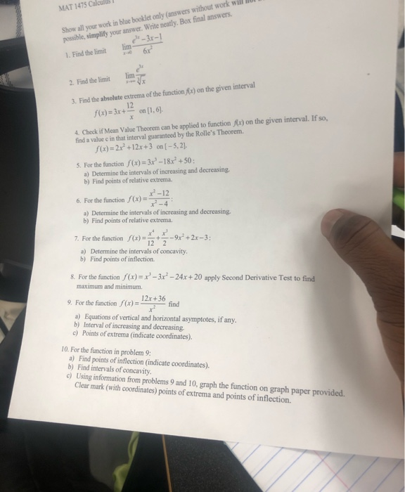 Solved MAT 1475 Calculus Show all your work in blue booklet | Chegg.com