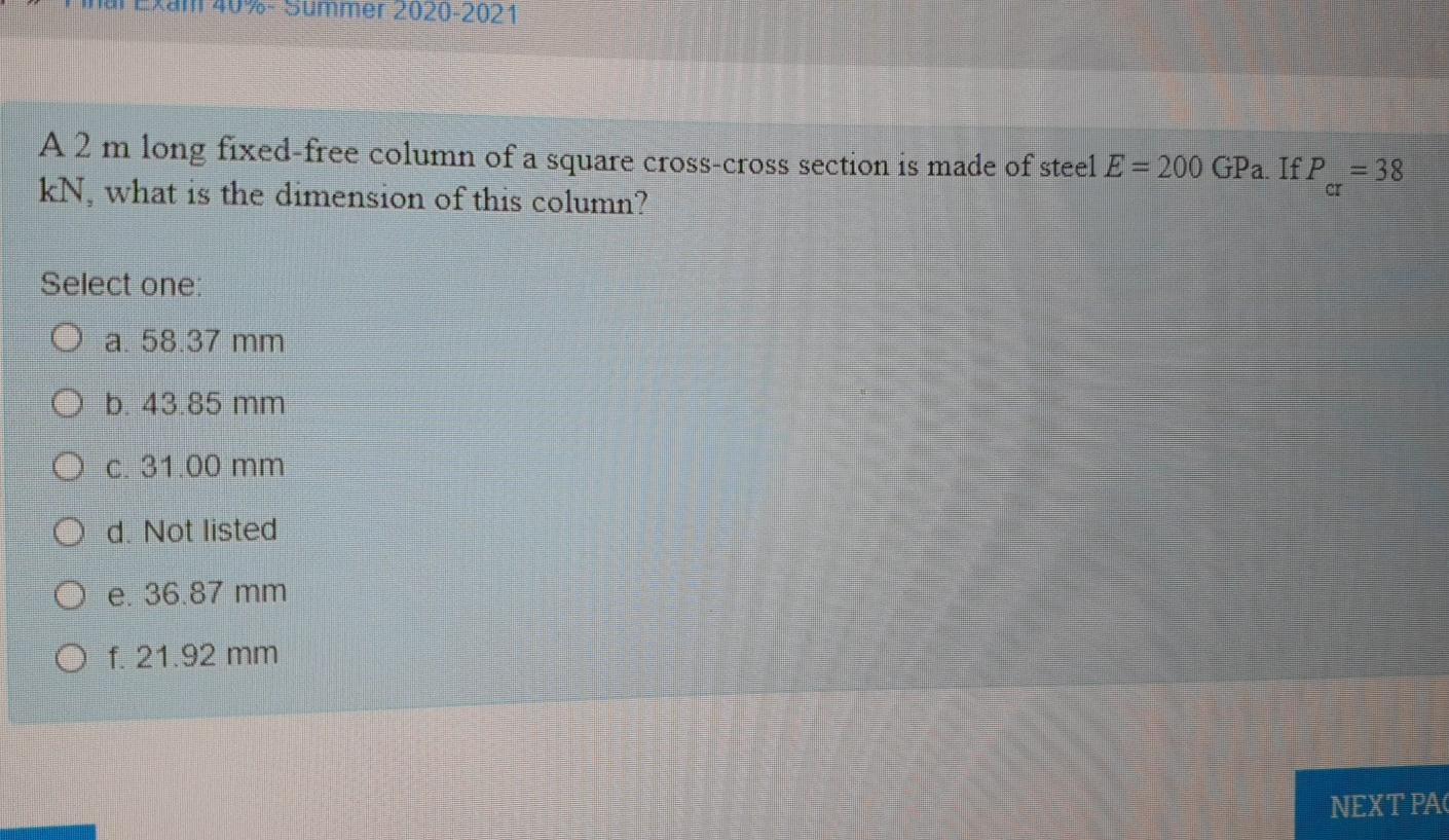 Solved Summer 2020-2021 A 2 m long fixed-free column of a | Chegg.com