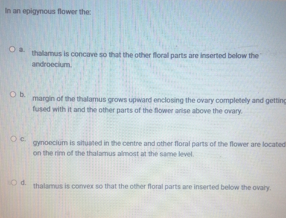 Solved In an epigynous flower the:a. ﻿thalamus is concave so | Chegg.com