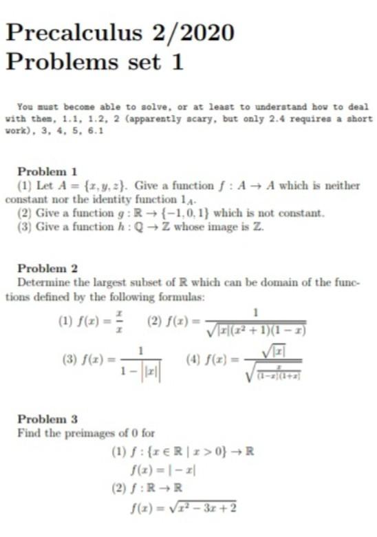 Solved Precalculus 2/2020 Problems set 1 You must become | Chegg.com