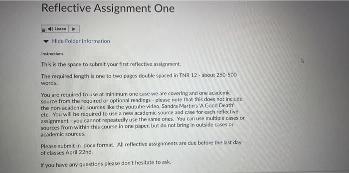 Reflective Assignment One Listen Hide Folder | Chegg.com