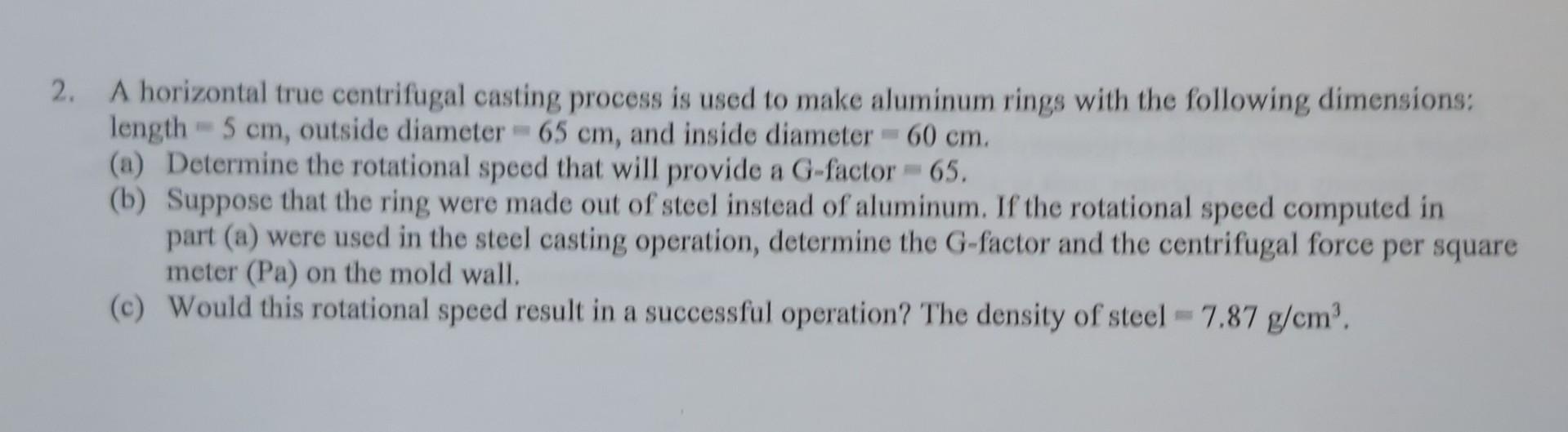 Solved A horizontal true centrifugal casting process is used | Chegg.com