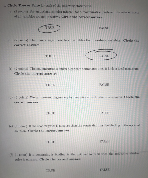 Solved 1. Circle True or False for each of the following | Chegg.com