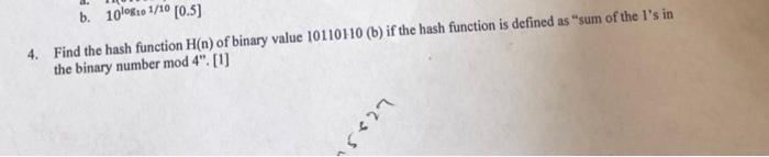 Solved b. 10log101/10[0.5] 4. Find the hash function H(n) of | Chegg.com