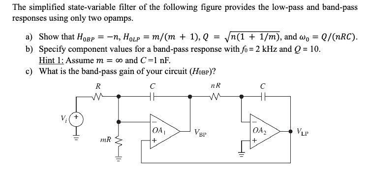 Solved The simplified state-variable filter of the following | Chegg.com