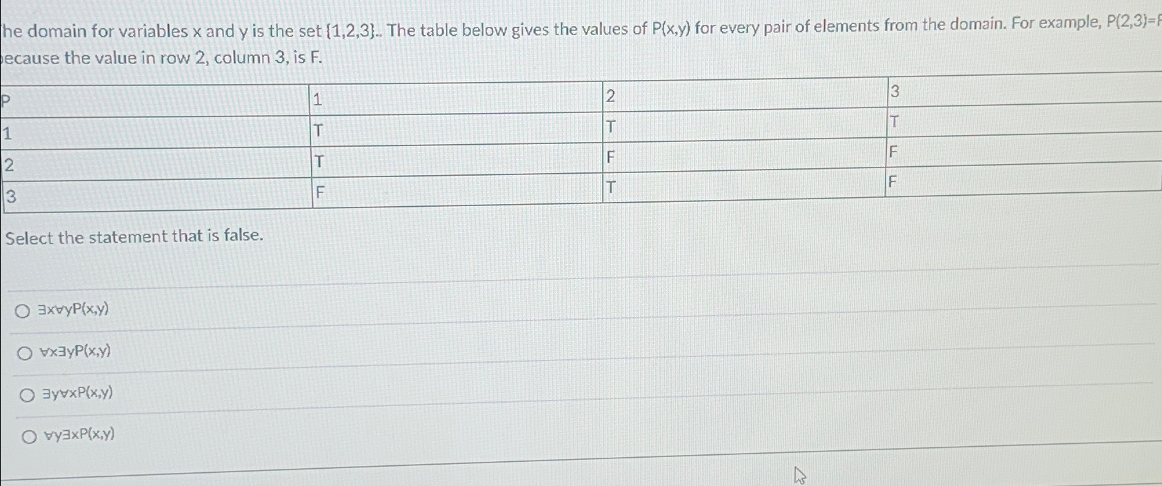 Solved he domain for variables x ﻿and y ﻿is the set {1,2,3}. | Chegg.com