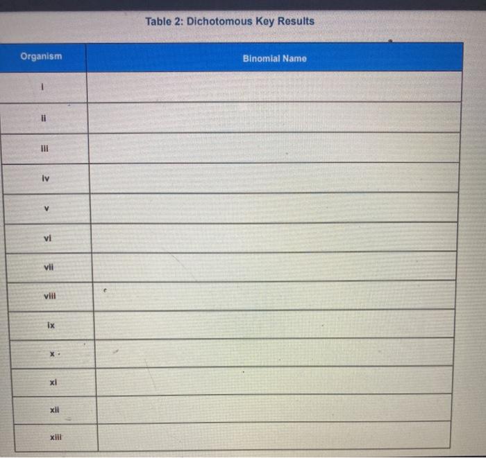 Solved Table 2: Dichotomous Key Results Organism Binomial | Chegg.com
