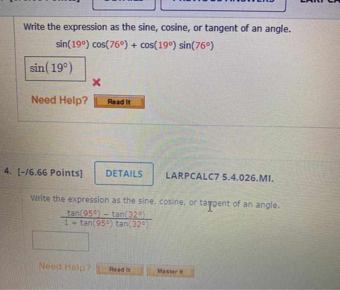 Solved Write the expression as the sine, cosine, or tangent | Chegg.com