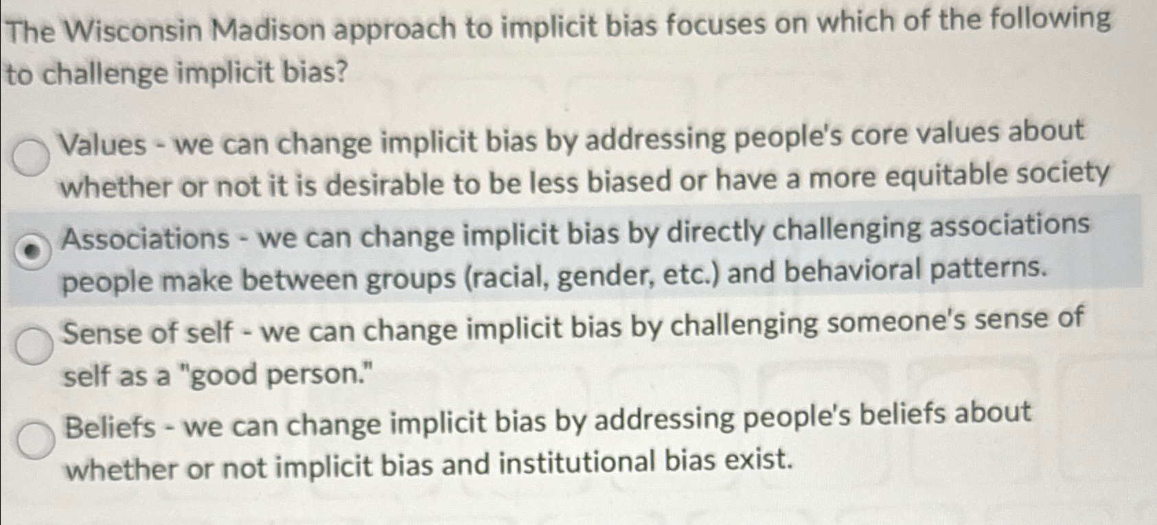 Solved The Wisconsin Madison approach to implicit bias | Chegg.com