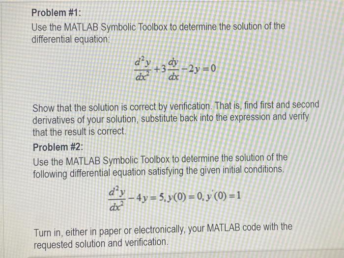 Solved Problem #1: Use the MATLAB Symbolic Toolbox to | Chegg.com