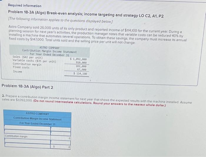 Solved Required information Problem 18-3A (Algo) Break-even | Chegg.com
