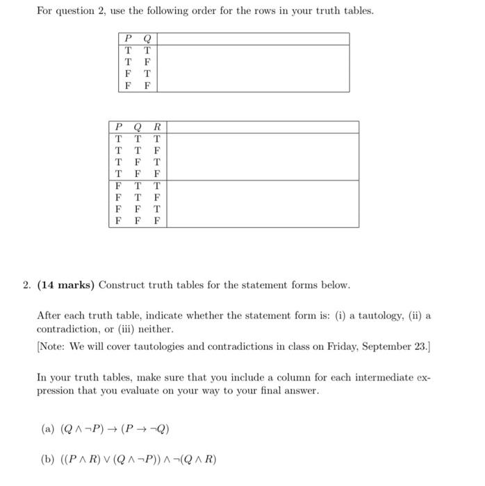 Solved For question 2, use the following order for the rows | Chegg.com