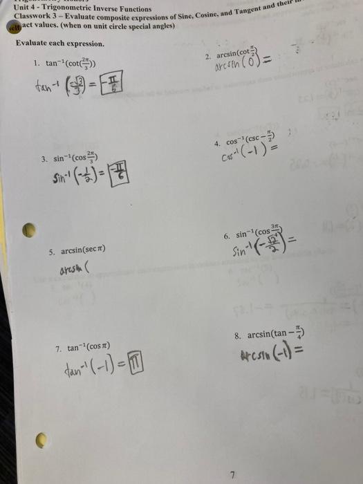 Solved Unit 4 - Trigonometrie Inverse Functions Classwork 3 | Chegg.com