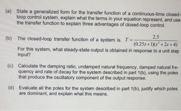 Solved (a) State a generalized form for the transfer | Chegg.com