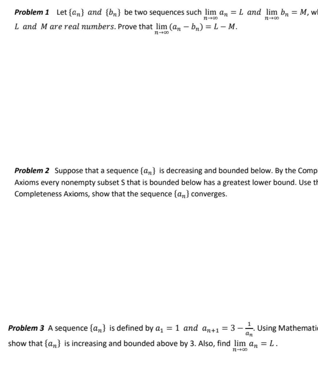 Solved Problem 1 Let {𝑎𝑛} 𝑎𝑛𝑑 {𝑏𝑛} be two sequences | Chegg.com