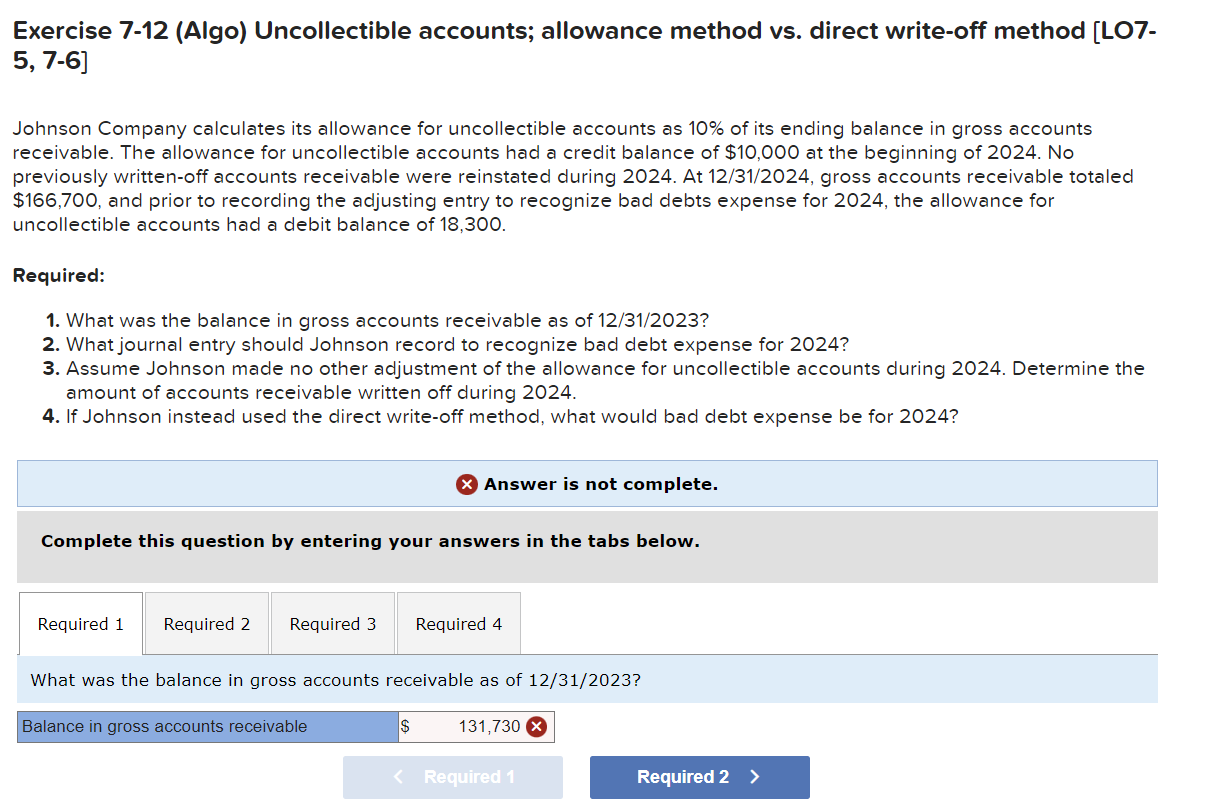 Solved Exercise 7-12 (Algo) ﻿Uncollectible accounts; | Chegg.com