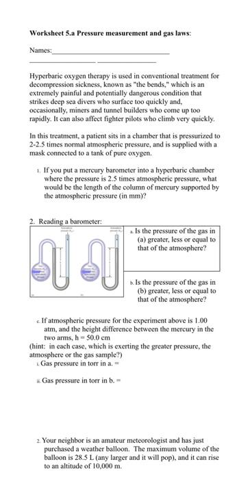 Solved Worksheet 5.a Pressure measurement and gas laws: | Chegg.com