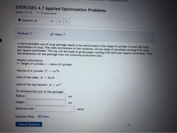 Solved EXERCISES 4.7 Applied Optimization Problems Score: | Chegg.com