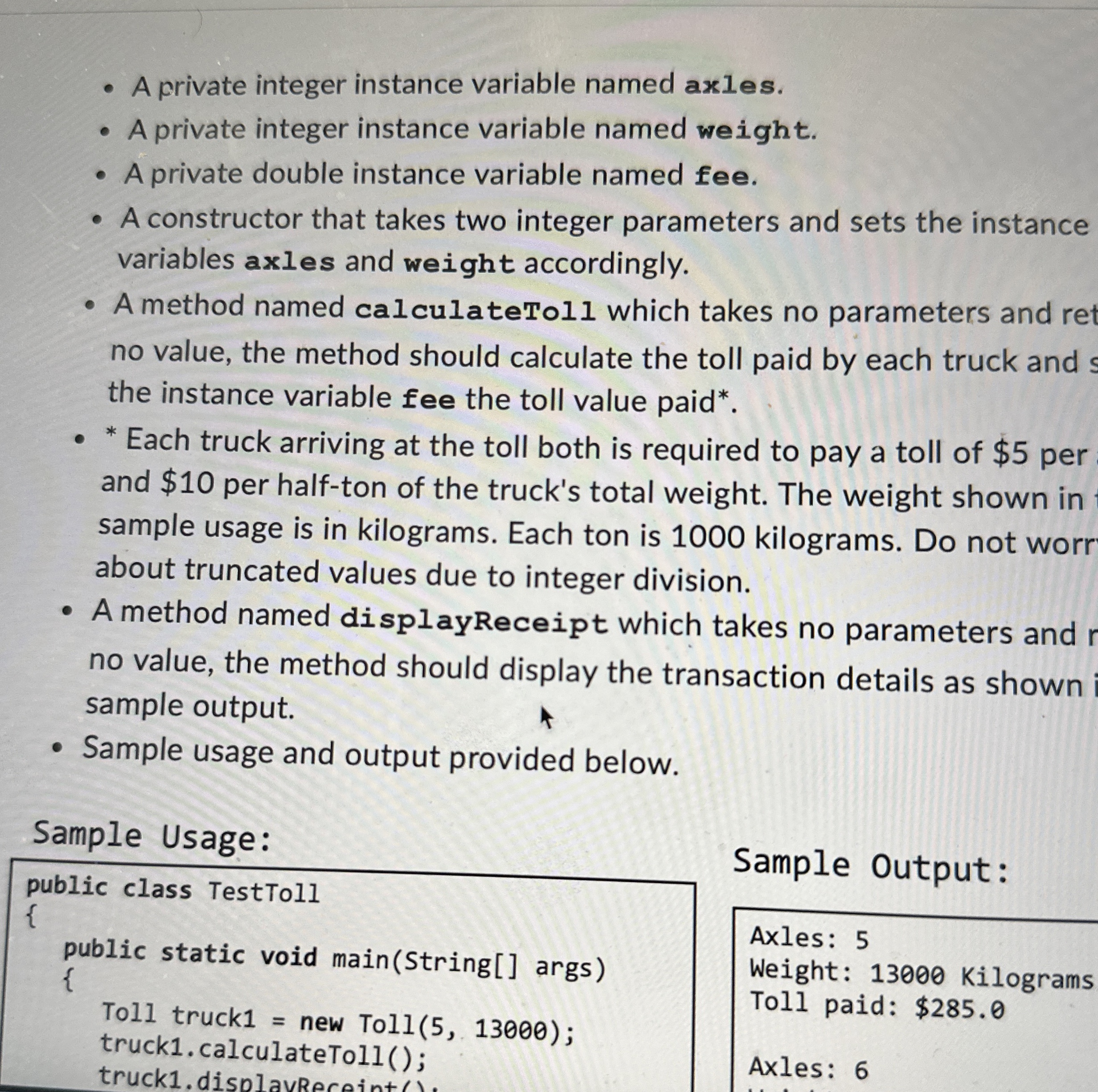 Solved A private integer instance variable named axles.A | Chegg.com