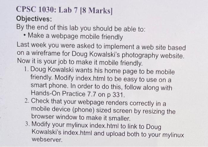 Solved CPSC 1030: Lab 7 [8 Marks] Objectives: By the end of | Chegg.com