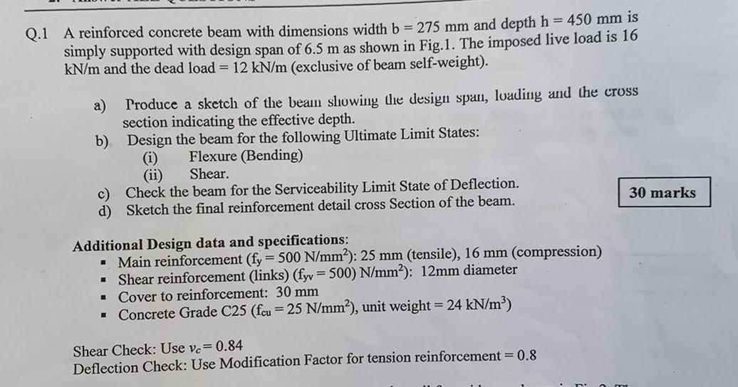 Solved 1 A reinforced concrete beam with dimensions width | Chegg.com