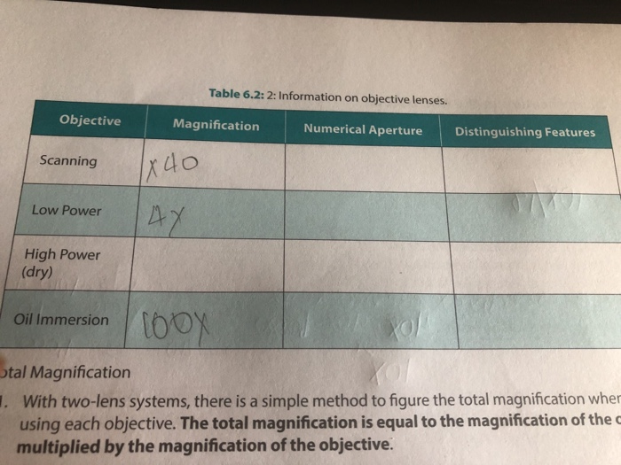 Solved Table 6 2 2 Information On Objective Lenses