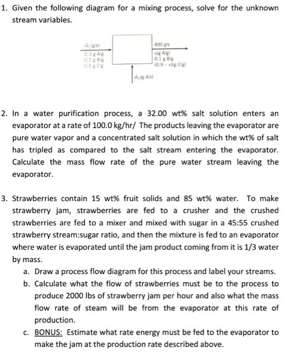 Solved 1. Given the following diagram for a mixing process, | Chegg.com
