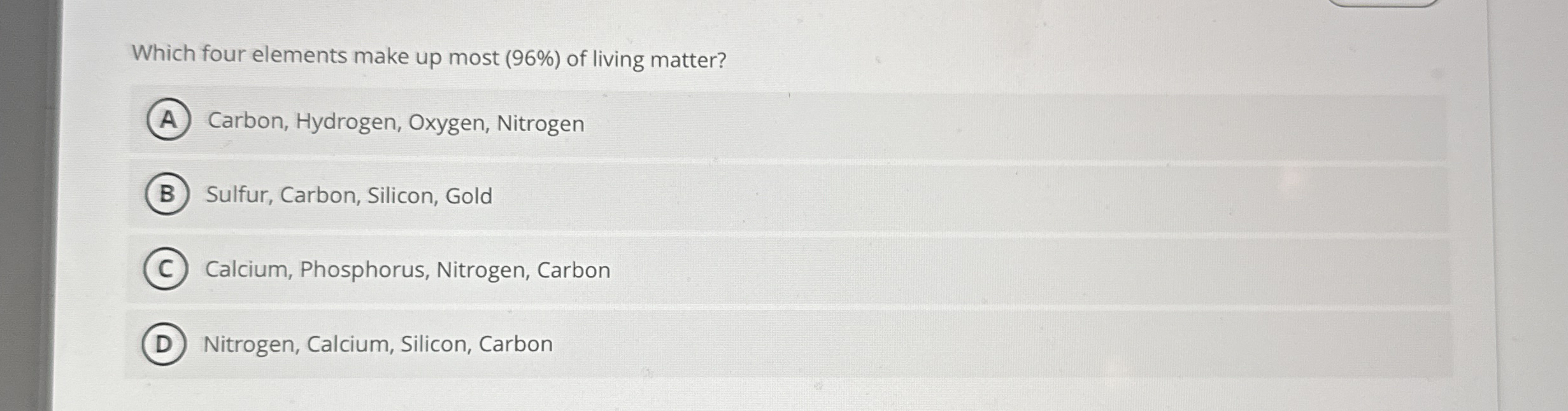 Which four elements make up most (96%) ﻿of living | Chegg.com