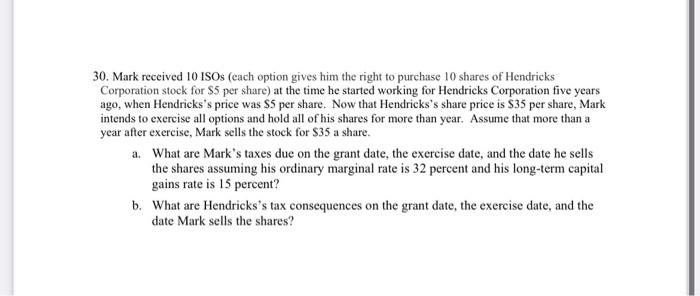 Solved 30. Mark received 10 ISOs (each option gives him the | Chegg.com