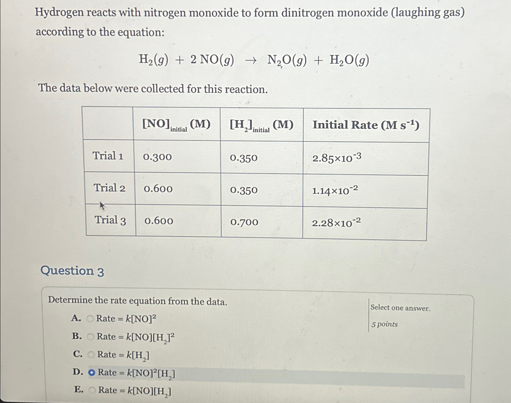 Solved Hydrogen reacts with nitrogen monoxide to form | Chegg.com
