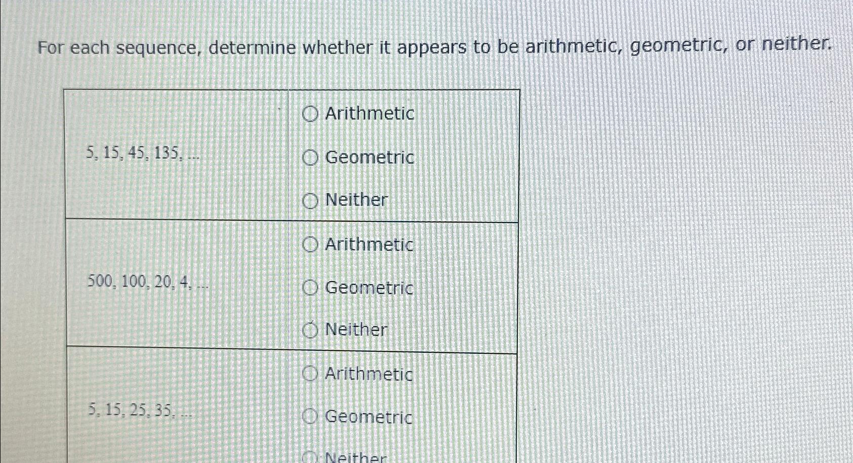 Solved For each sequence, determine whether it appears to be | Chegg.com